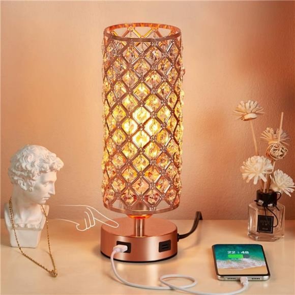 Accents | Crystal Table Lamp Rose Gold Lamp With Usb Ports 3 Way ...